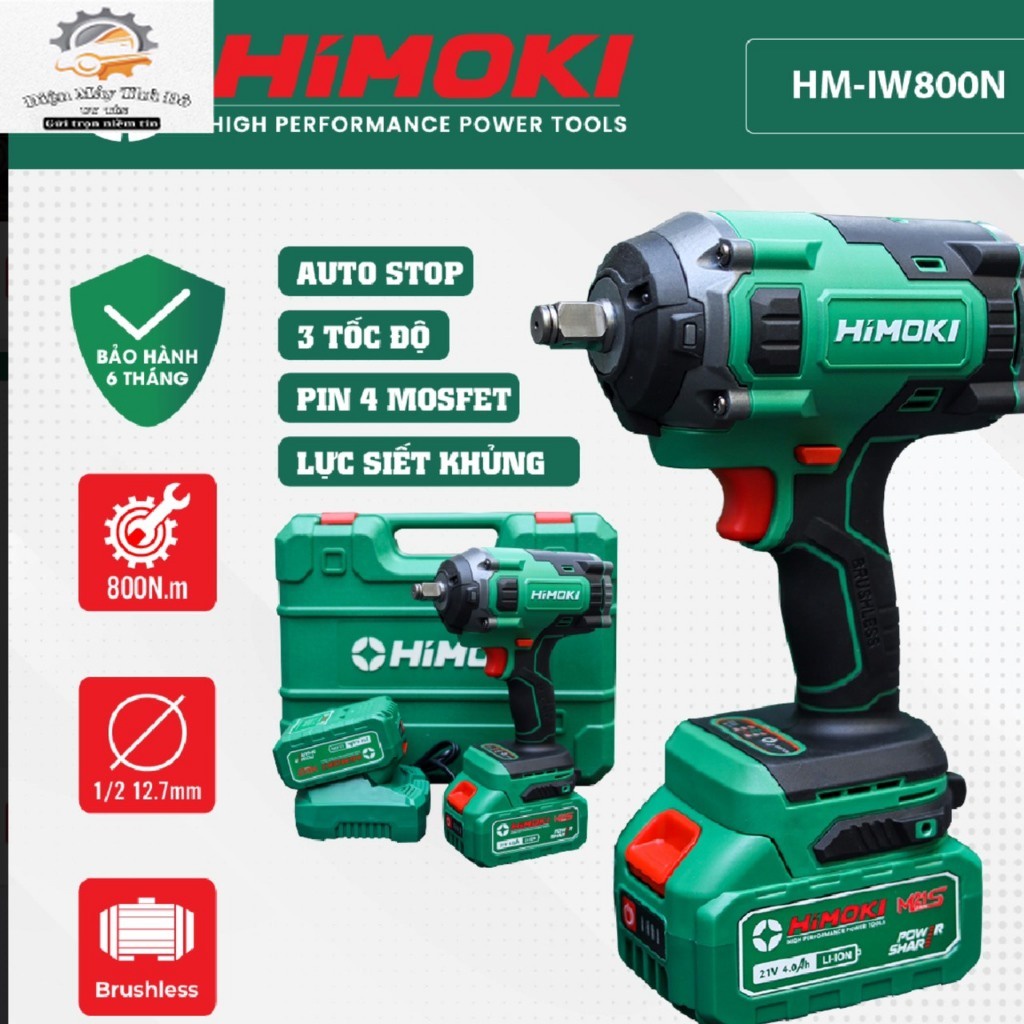 Máy Bắn Bulong HIMOKI HM-IW800N Auto Stop Không Chổi Than, Lực Siết 800N.M Mở Vặn Ốc Xe Tải, Ô ...
