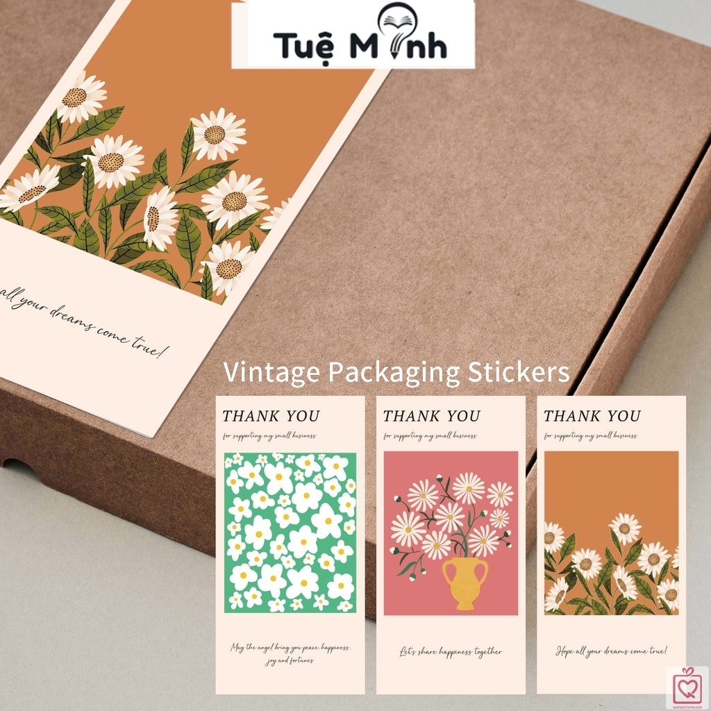 Bộ 50-100 tem decal vintage niêm phong hộp và sticker "Thank you" trang ...