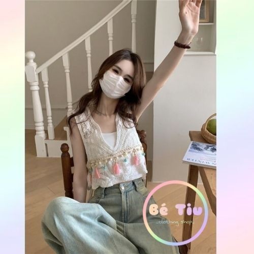 Áo Đan Móc Dệt Kim Cổ Xẻ V Croptop Ren Sát Nách Đính Bông Lông Xinh Xắn ...