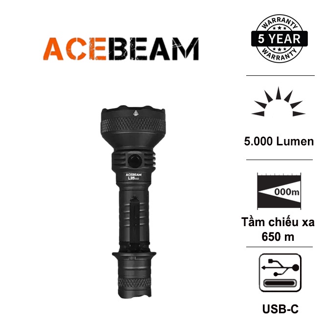 Đèn pin tác chiến ACEBEAM L35 2.0 độ sáng 5000 lm tầm chiếu xa 650m pin 21700 5000mAh công tắc ...