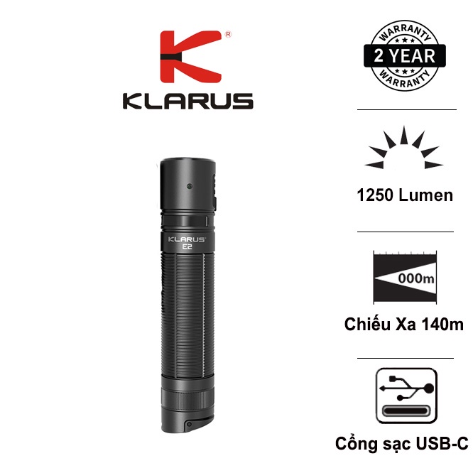 Đèn pin KLARUS E2 sáng 1250 lumen chiếu xa 140m công tắc kép phản ứng nhanh sạc USB-C pin 3 cực ...