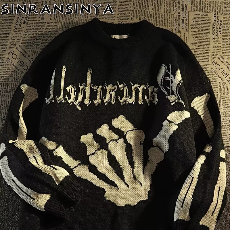 Sinransinya Áo sweater Dệt Kim Dáng Rộng In Hình Bộ Xương Cao Cấp Phong ...