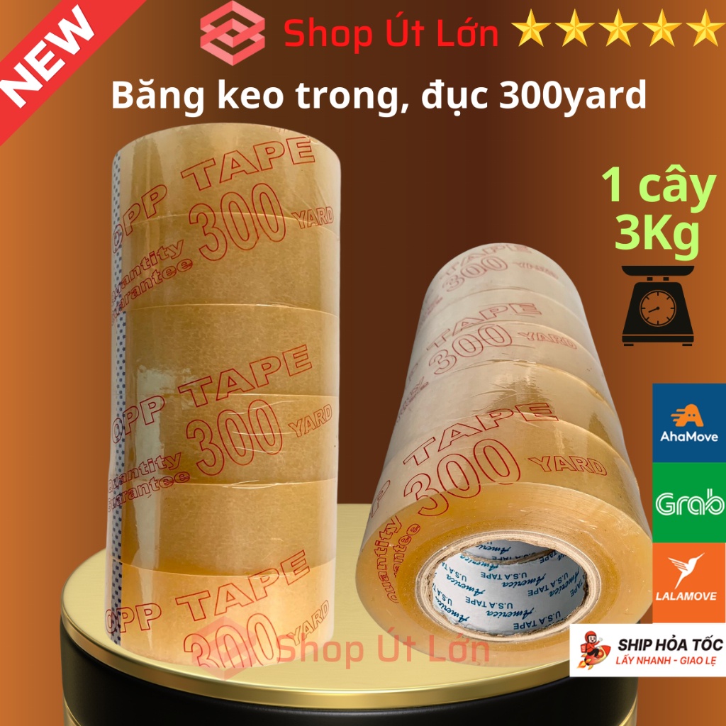 Băng keo trong 300yard, băng keo đục 300yard nặng 3kg, lõi giấy 5mm, rộng 4,7cm, 1 cây có 6 cuộn ...