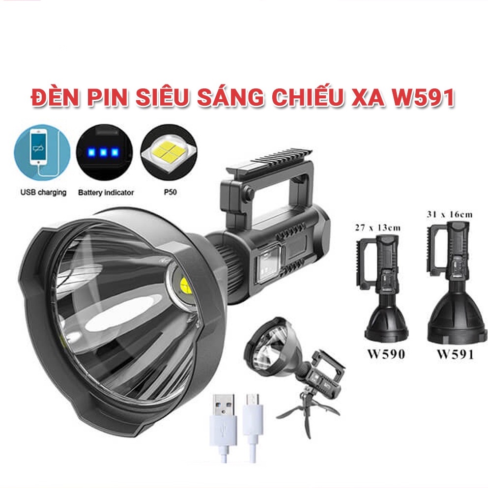 Đèn pin siêu sáng W591 - KAW chiếu xa 500m có chân đế sạc pin lithium 8000mAh, đèn pin cắm trại ...