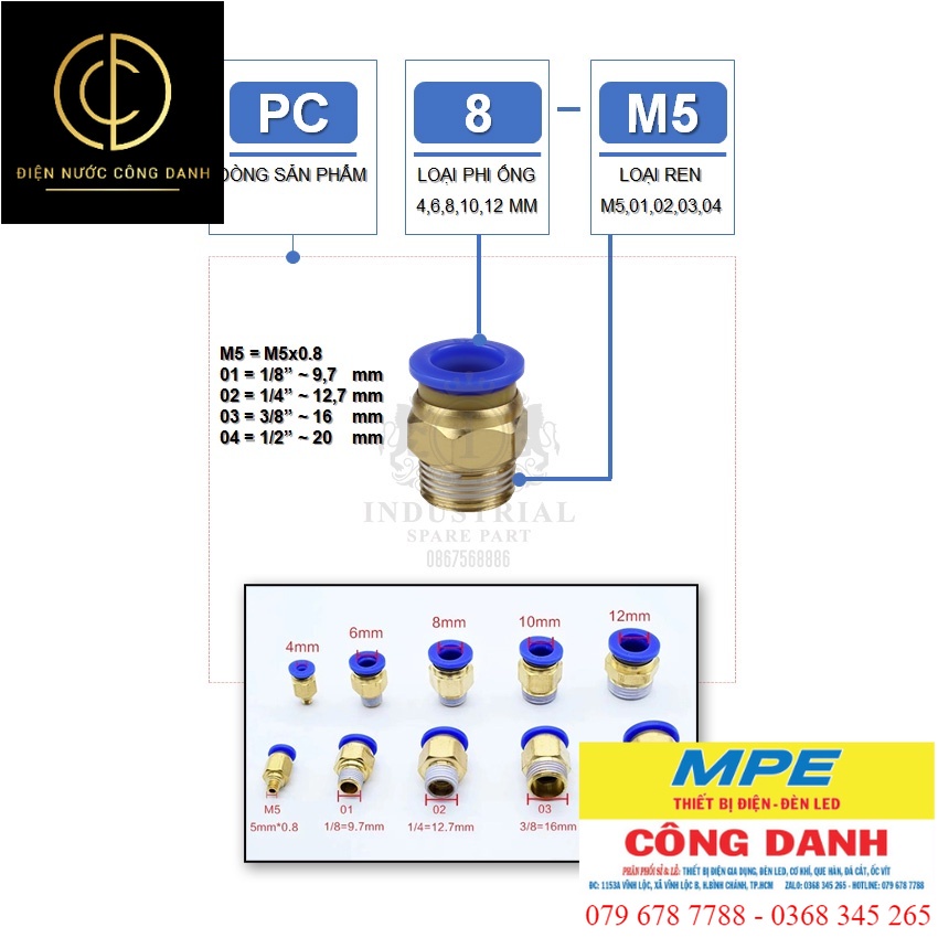 Đầu nối nhanh khí nén PC8 Series. Ống 8 mm, đủ các loại ren cho cút nối hơi và đầu nối hơi máy ...