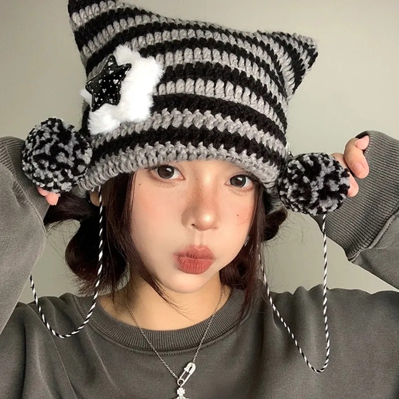 Mũ len kiểu tai mèo phong cách harajuku Nhật Bản dễ thương y2k | Shopee ...