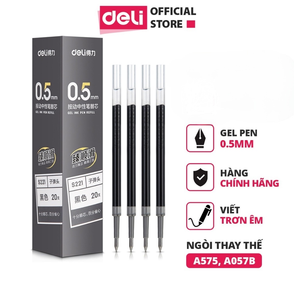 [DELI VPP] Ruột bút gel đen Deli S221 ngòi 0,5mm viết êm, trơn tru, mực cao cấp, nhanh khô dùng ...