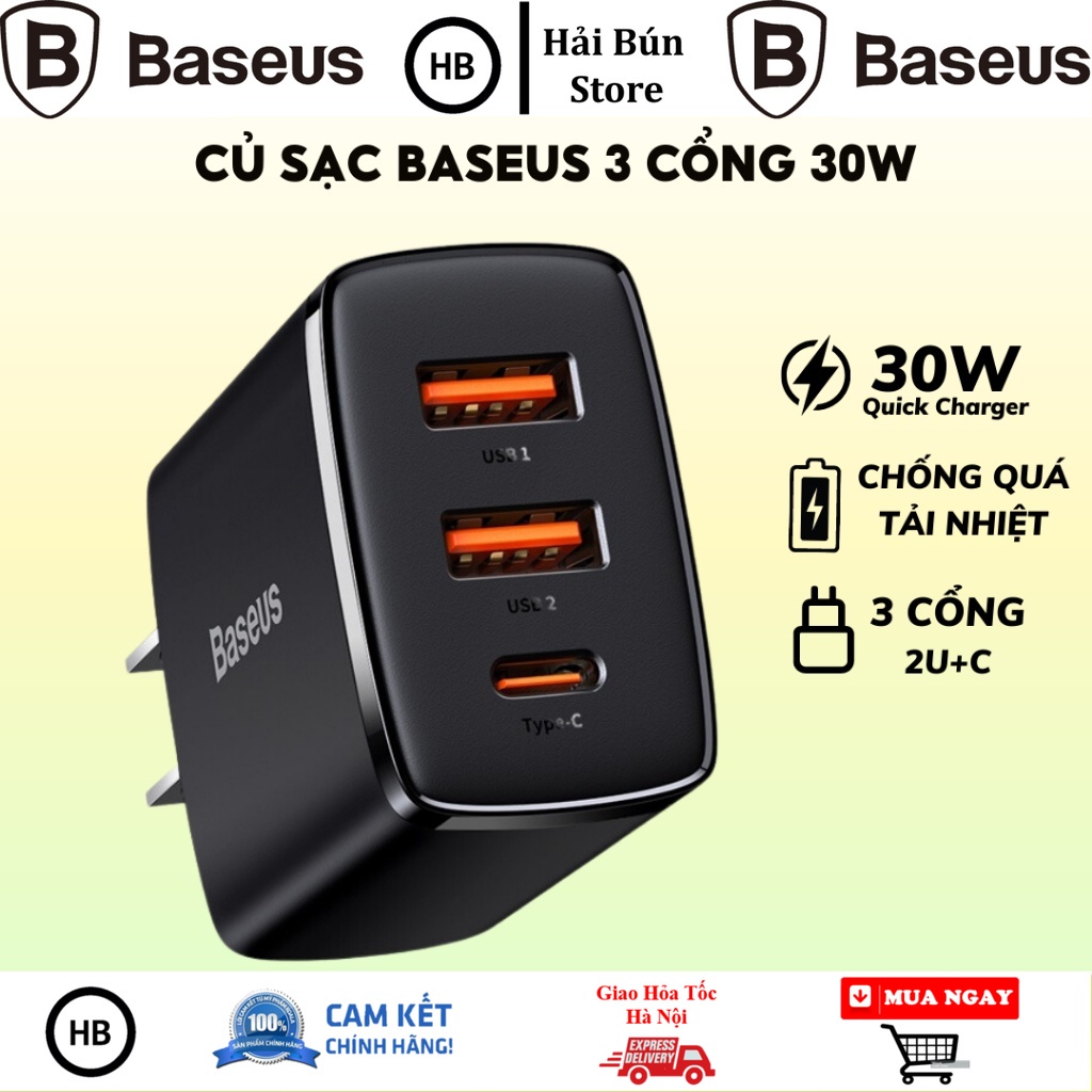 Củ Sạc nhanh 3 Cổng 30W Baseus CCXJ-C01 2U + C Cốc nhỏ gọn cao cấp dùng cho samsung oppo xiaomi ...