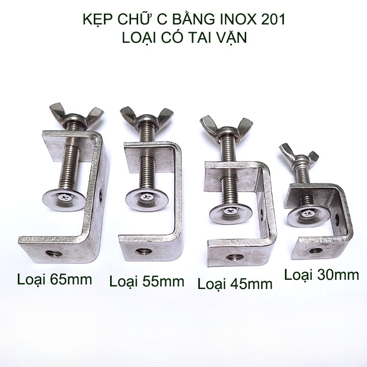 01 Kẹp chữ C bằng inox 201 dày dặn, loại đầu bulong có tai vặn với nhiều kích thước cho khách ...