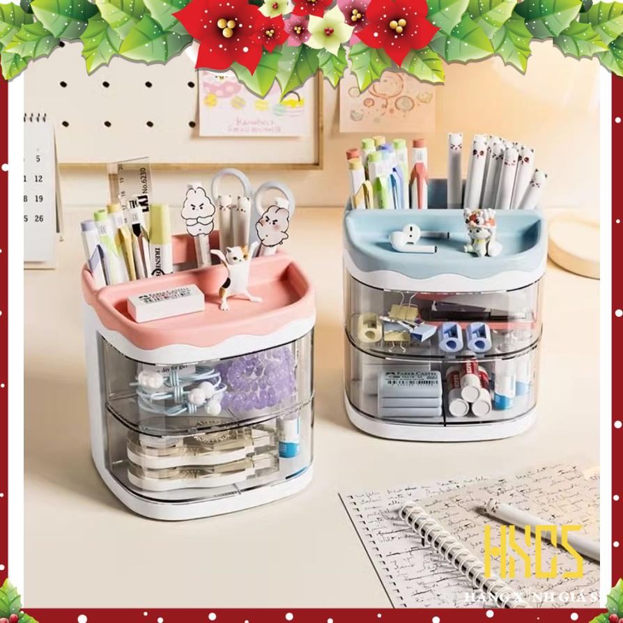 Hộp cắm bút 2 ngăn viền màu pastel siêu xinh, HXGS hộp đựng bút để bàn ...