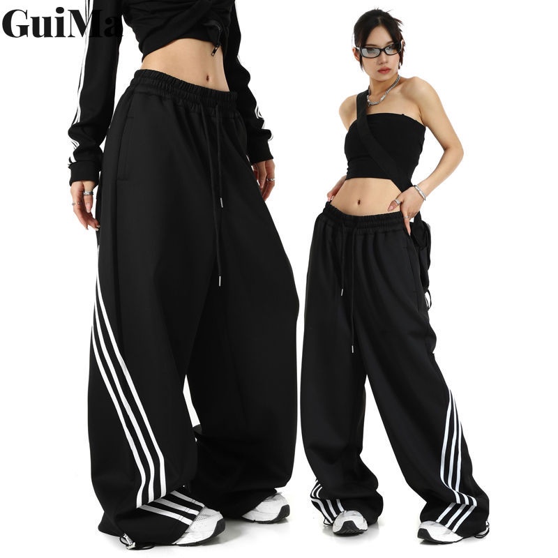 Gui Ma Women's Casual Striped Wide Leg Sports Pants American Retro All ...