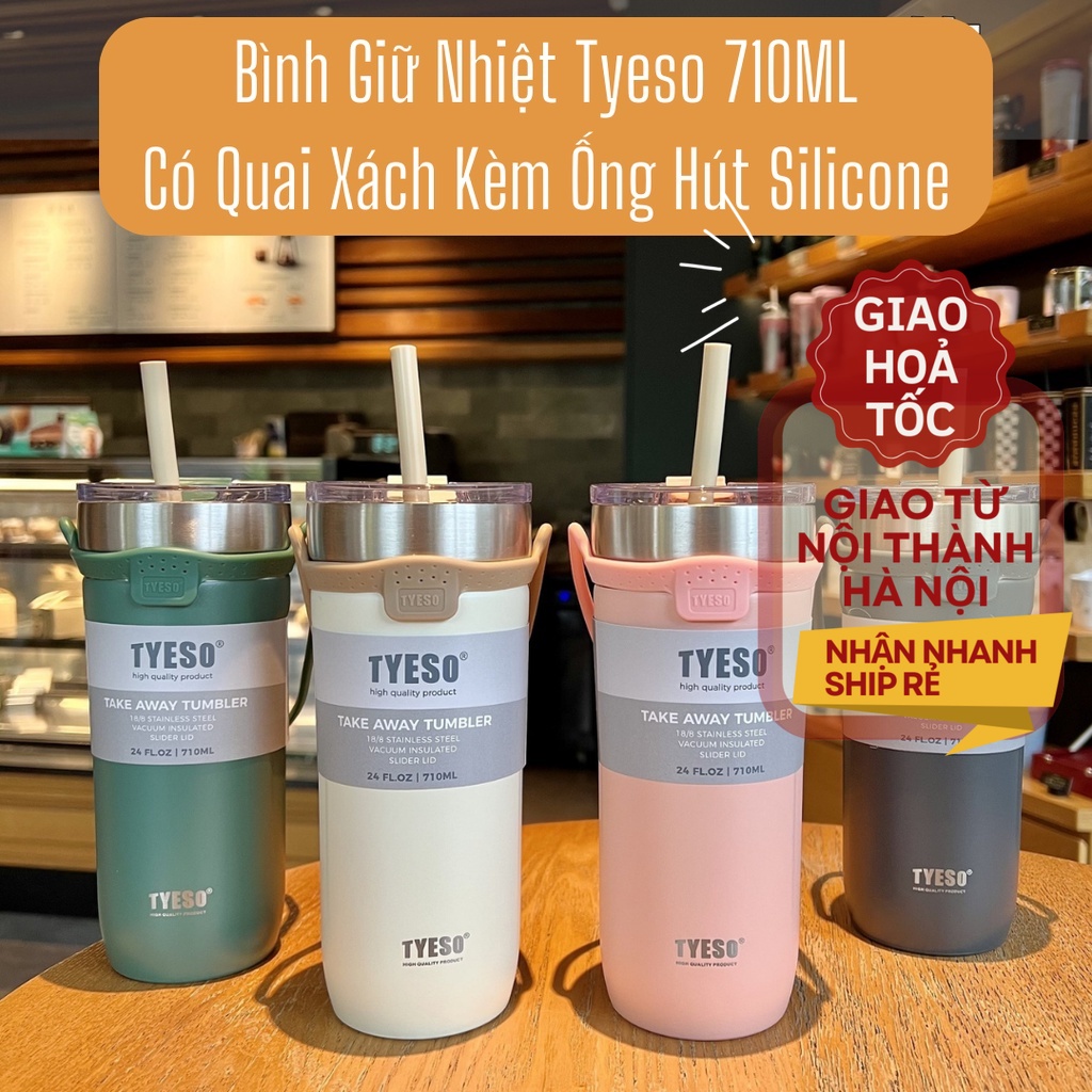Bình giữ nhiệt Tyeso 550ml & 710ML thiết kế dễ thương kèm ống hút silicone và quai xách silicone ...