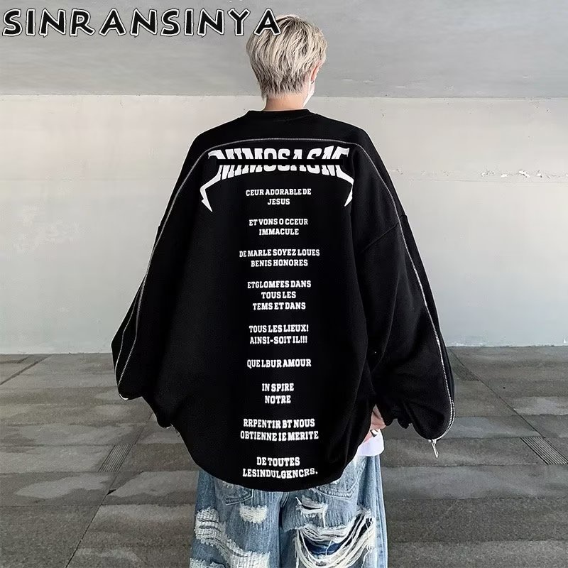 Sinransinya Áo sweater Cổ Tròn In Chữ Phối Khóa Kéo Phong Cách hip hop ...