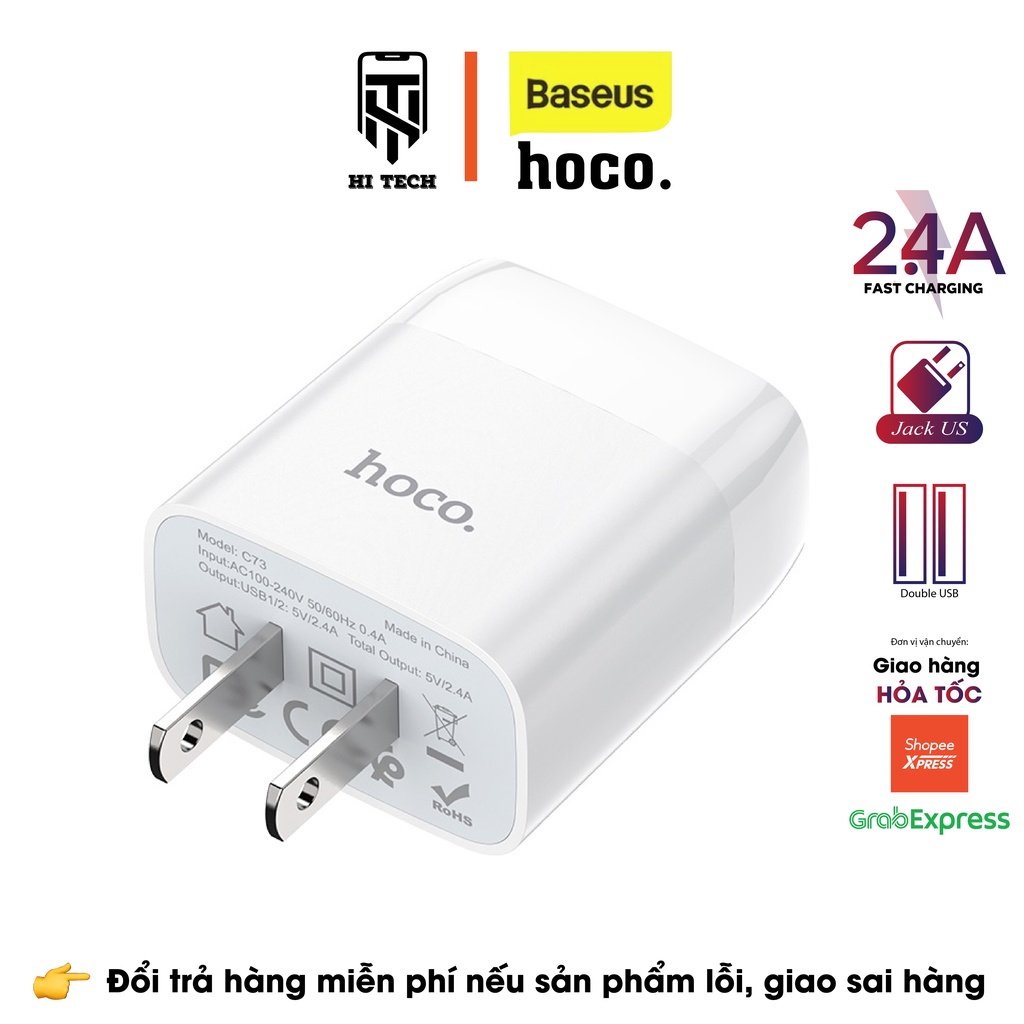 Cốc sạc nhanh HOCO C73, sạc nhanh 2.4A 2 cổng USB,chất liệu PVC phích ...
