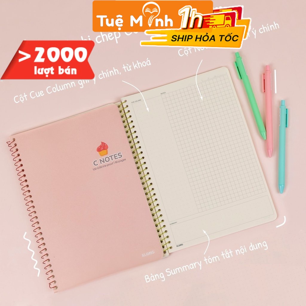 Vở note cornell Klong B5 80 trang lò xo CNotes tích hợp Dot grid caro ...