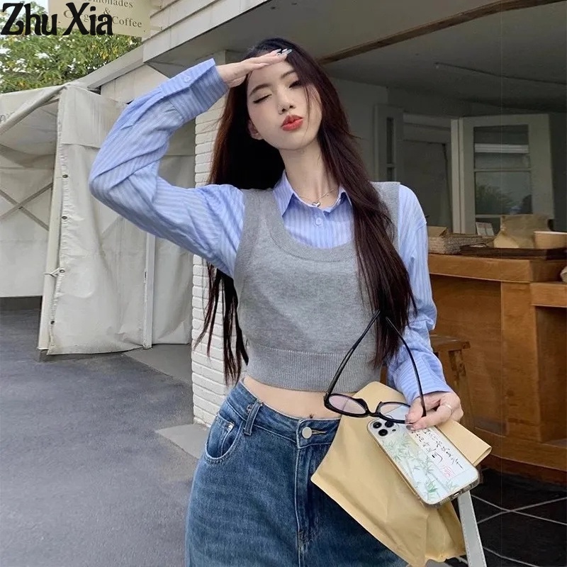 Zhu Xia Áo Sơ Mi Dài Tay Giả Hai Lớp Họa Tiết Sọc Tương Phản Thời Trang ...