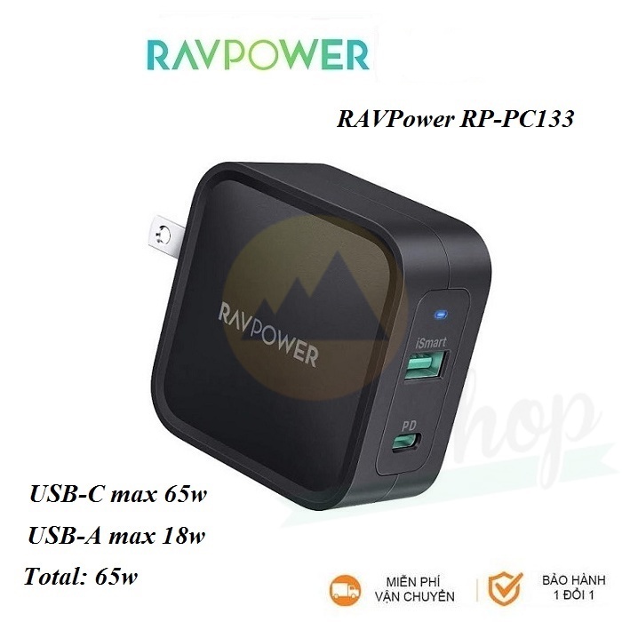 Sạc RavPower PD 2 Cổng 65W GAN TECH Chính Hãng - Bảo Hành 12T (RP-PC133, RP-CPCN002) | Shopee ...