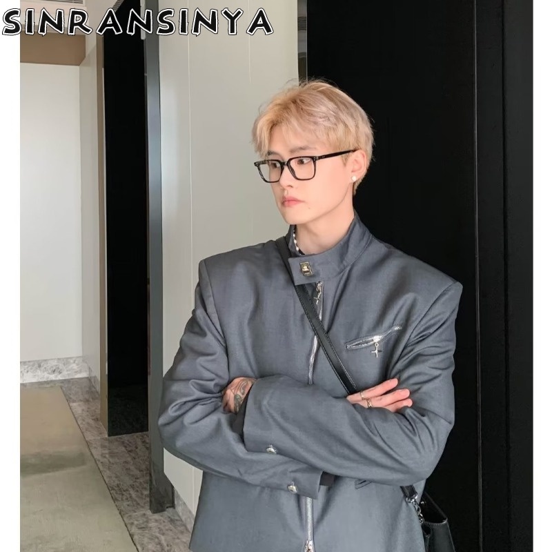 Sinransinya Áo Khoác Tay Dài Có Đệm Vai Và Cổ Đứng Phối Khóa Kéo Kim ...