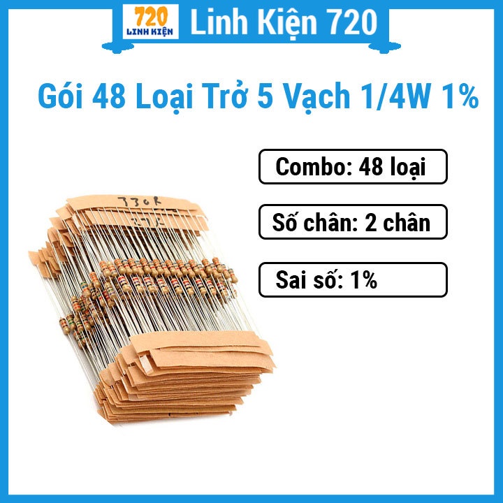 Combo 48 loại trở 5 vạch 1/4W 1% từ 1R-1M mỗi loại 10 con, chất lượng | Shopee Việt Nam