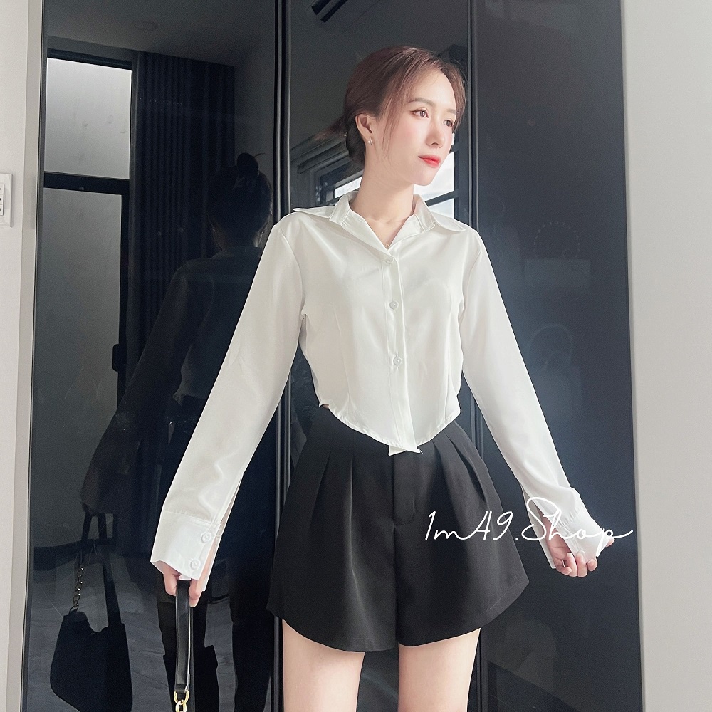 Áo Sơ Mi Croptop Vạt Nhọn Tay Dài T126 | Shopee Việt Nam