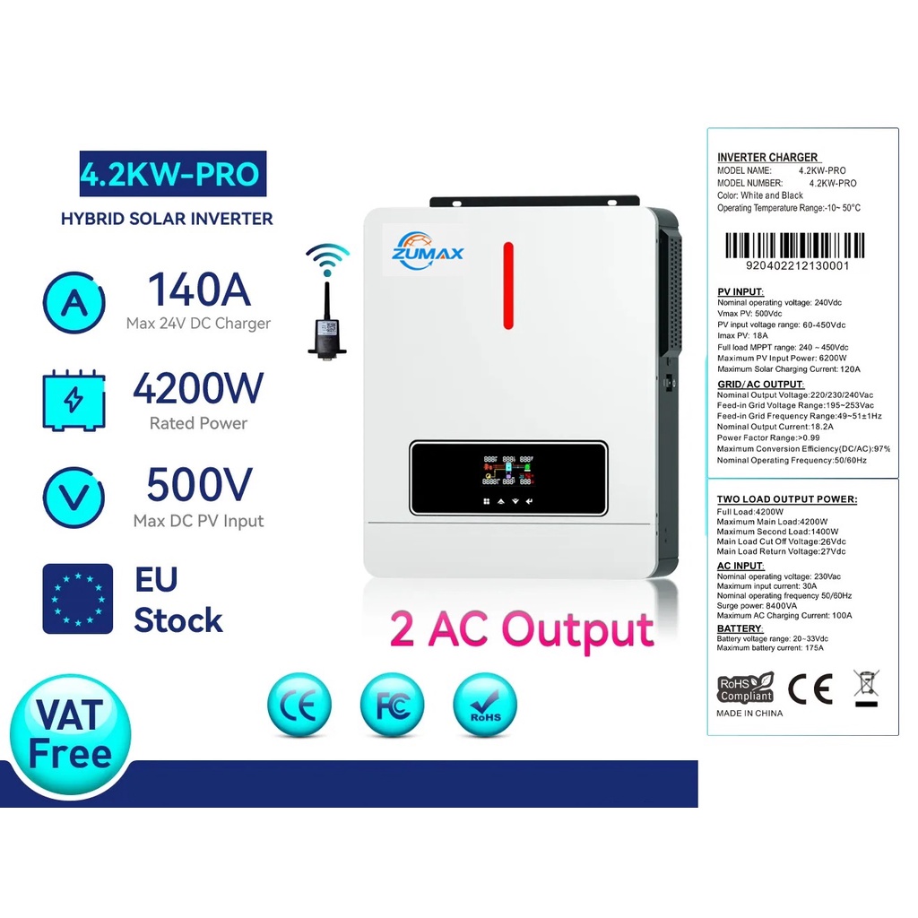 ZUMAX 4200W-6200W On /Off Grid Tie Hybrid Solar Inverter 4.2KW 24V-6.2KW 48V 120A MPPT-PV 90 ...