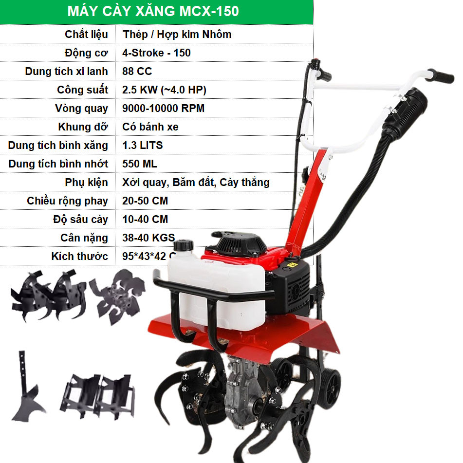 Máy Cày Mini, Máy Xới Đất Mini 4 kỳ MCX-150/MCX-144 3/4HP Tháp Xanh ...