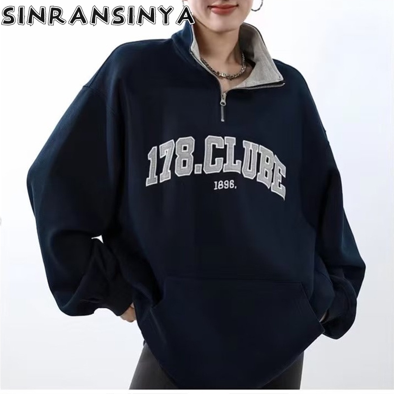 Sinransinya Áo sweater Cổ polo Màu Trơn Thêu Chữ Phối Khóa Kéo Thời ...