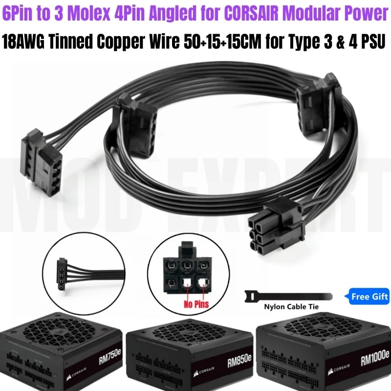 Cáp nguồn quạt IDE PATA Perif góc 6Pin đến 3 Molex 4Pin cho CORSAIR ...