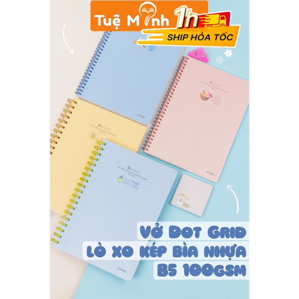 Sổ lò xo B5 Klong 100gsm Caro, Kẻ ngang, Dot, C note 80/120/200 trang nhiều mẫu dễ thương học ...