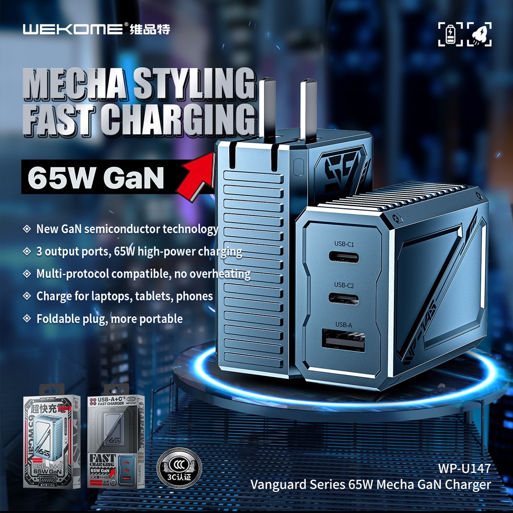 Bộ Củ Sạc Nhanh 65W WEKOME WP-U147 2 cổng TYPE-C và 1 cổng USB-A hỗ trợ ...
