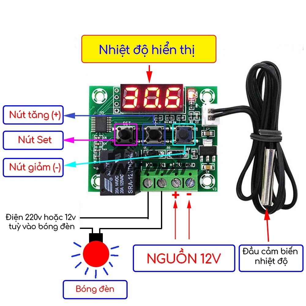 Mạch Cảm Biến Kiểm Soát Nhiệt Độ Ấp Trứng W1209 Relay 12VDC XH-W1209 ...