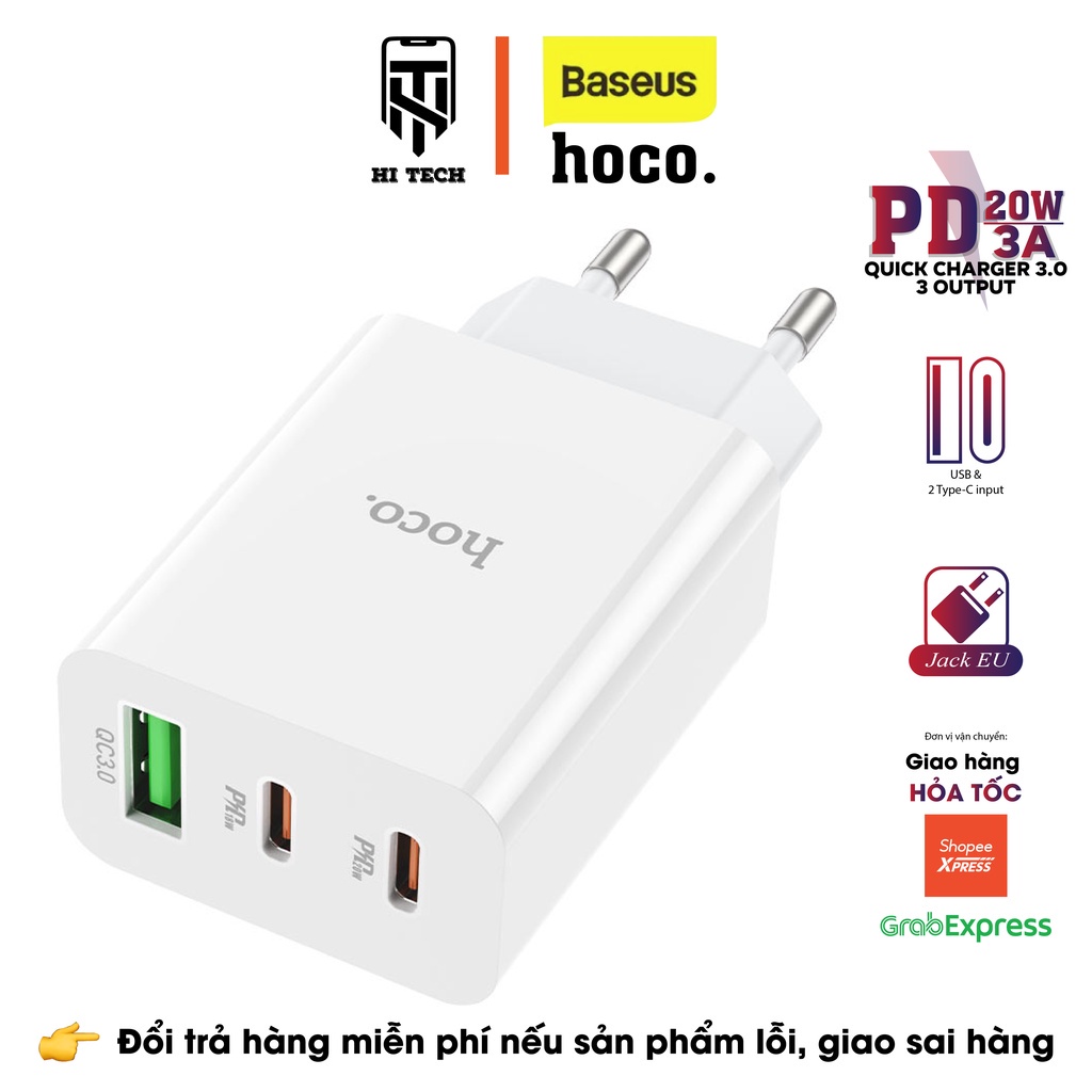 Củ sạc nhanh PD20W HOCO C99A, 3 cổng đầu ra (USB +2Type-C), chất liệu ...