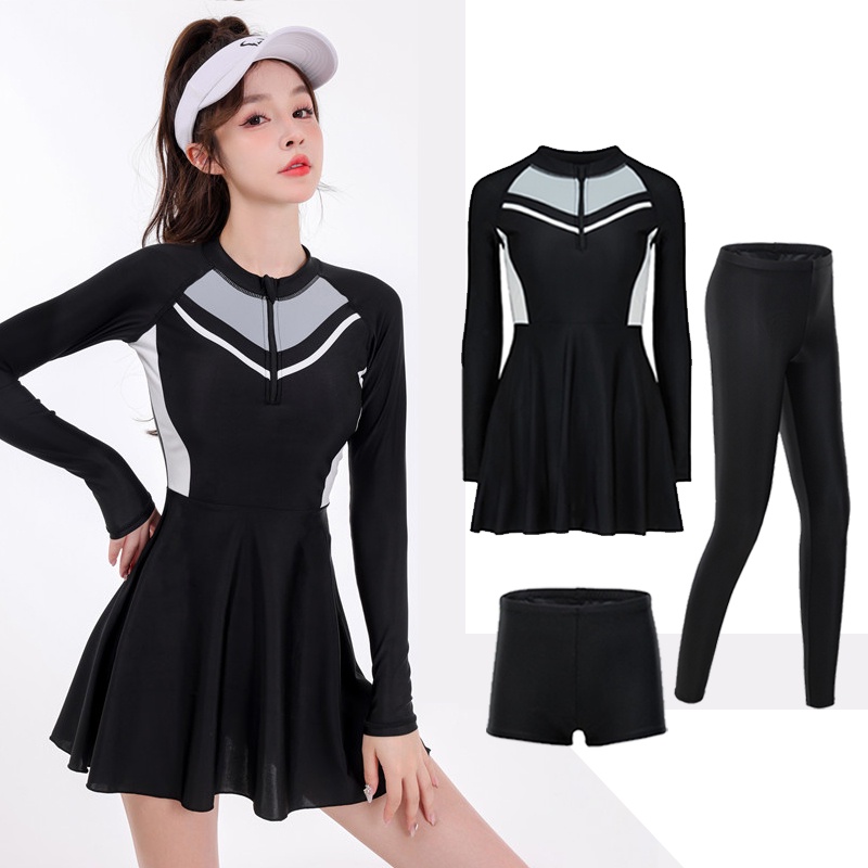 Bộ Đồ Bơi Hai Mảnh Áo Tay Dài + Quần Legging Màu Đen Trơn Chống Tia UV Size M-5XL Thời Trang Đi ...