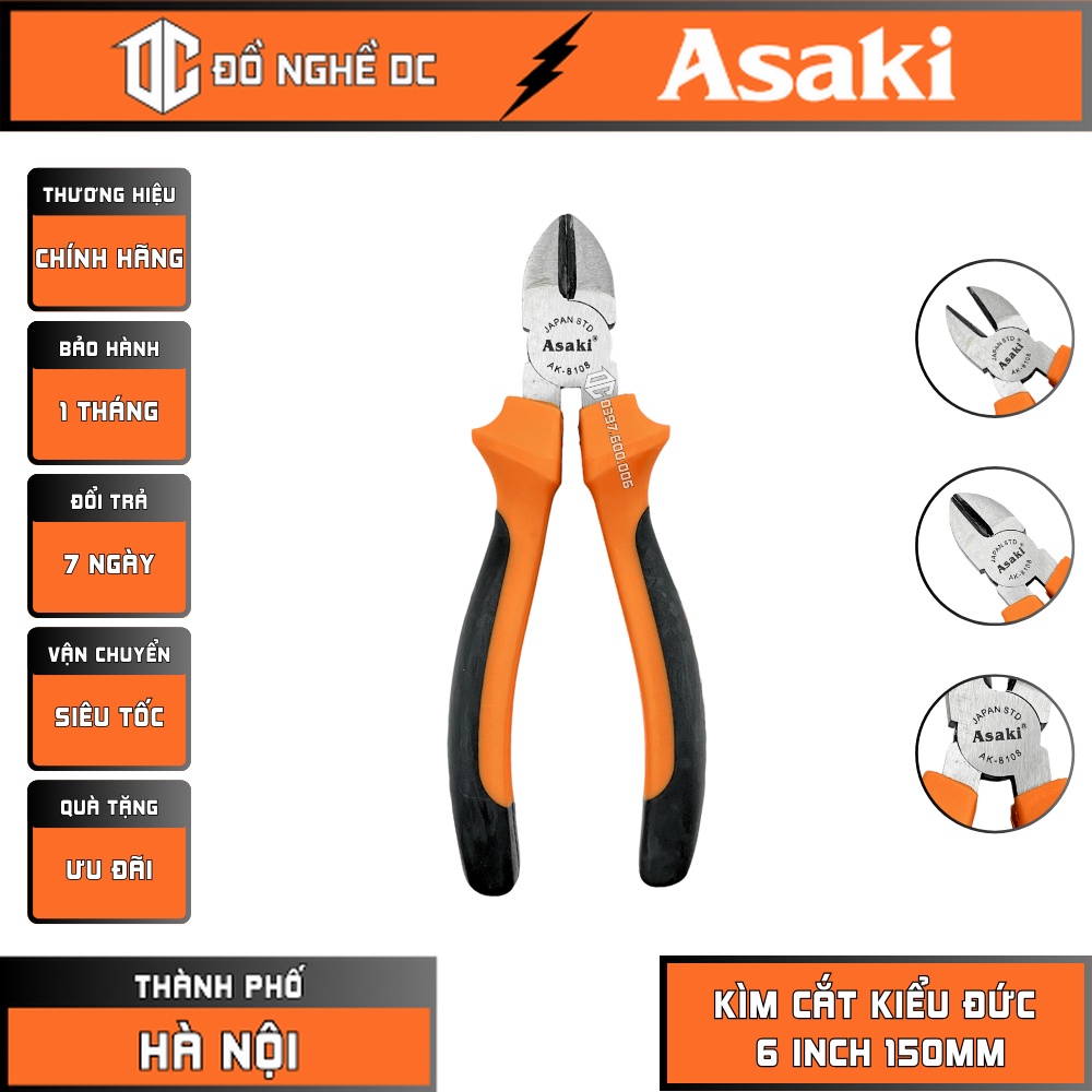 Kìm Cắt, Kềm Cắt Kiểu Đức 6"/150mm AK-8108 Asaki JAPAN STD thép cao cấp, dùng để cắt, giữ, kẹp ...