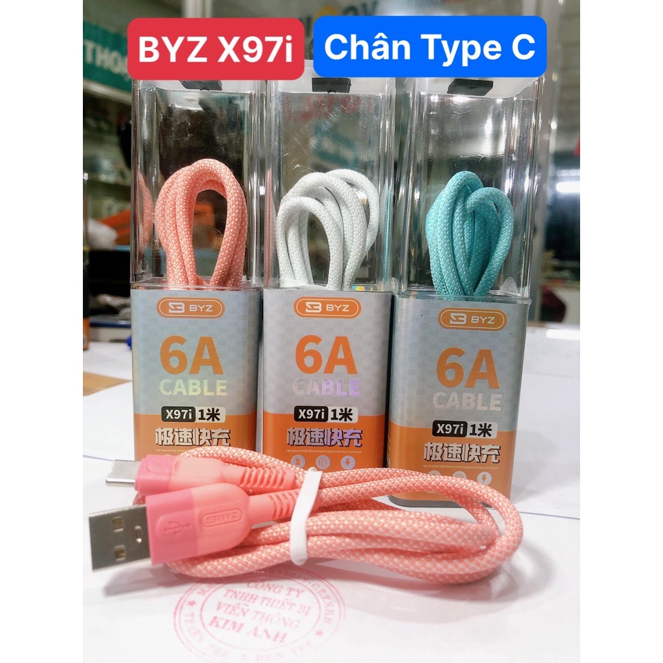 Dây sạc nhanh BYZ X97T dòng điện 6A, chân cắmType C, dây dù chắc chắn và chống rối, Hàng chính ...