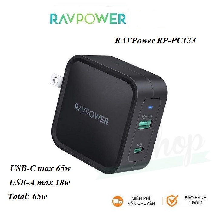 Sạc RavPower PD 2 Cổng 65W GAN TECH Chính Hãng - Bảo Hành 12T (RP-PC133, RP-CPCN002)- HSHOP ...