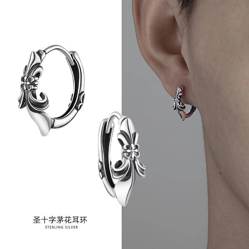 Sterling Silver Earrings Men's High-Grade Retro Cruciate Flower Single ...