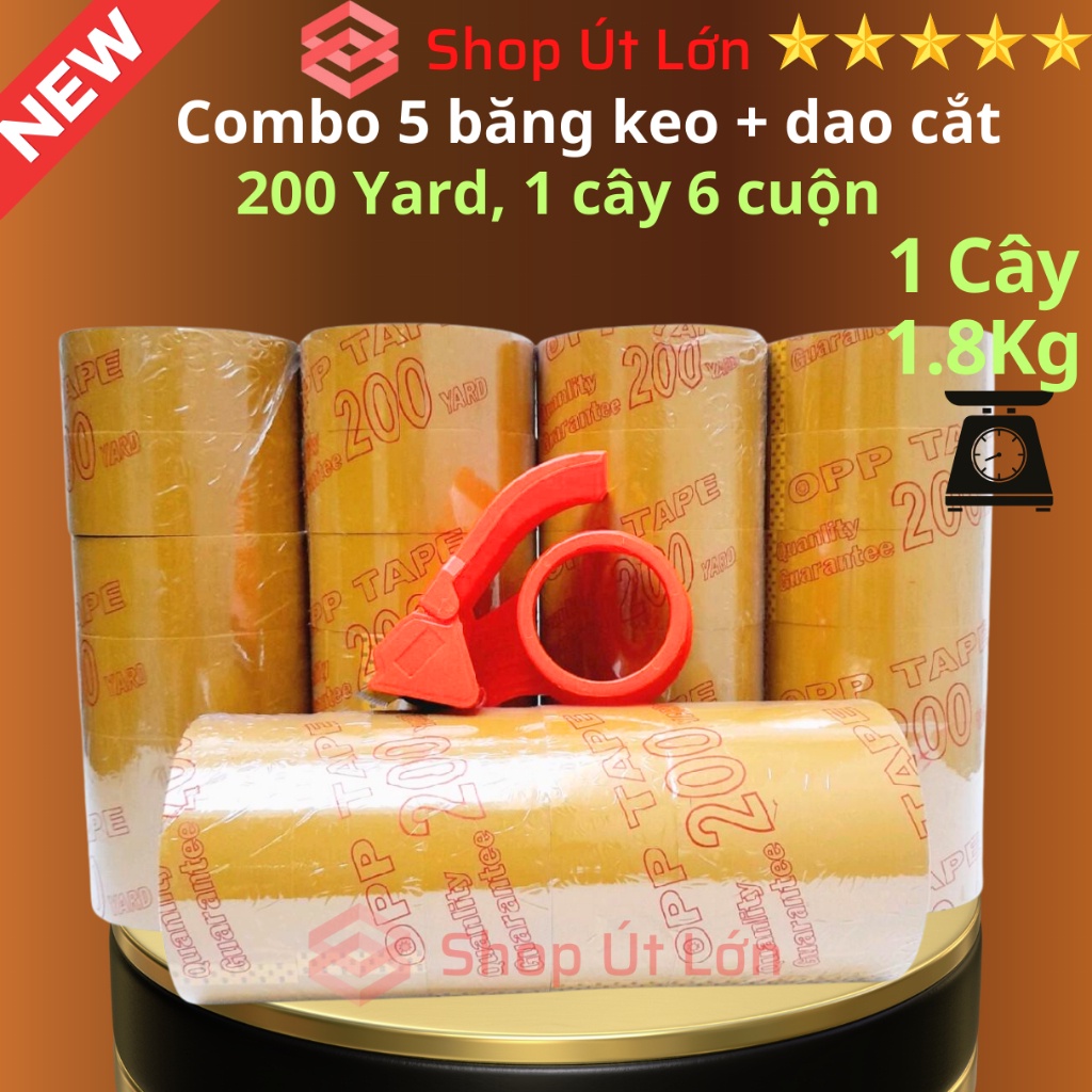 Combo 5 cây băng keo trong, đục 200yard kèm dao cắt băng keo, nặng 1.8kg, lõi giấy 5mm, rộng 4 ...