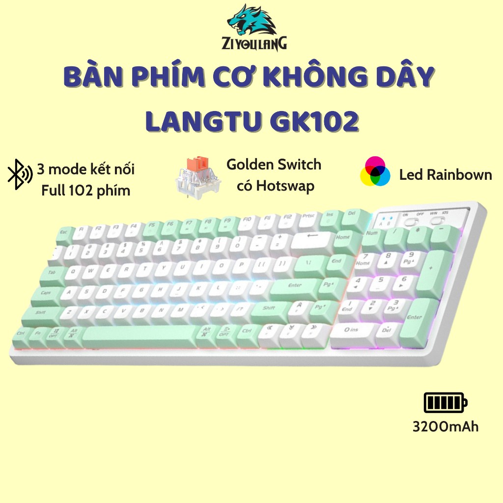 Bàn Phím Cơ Không Dây Bluetooth LANGTU GK102 - Golden Switch - có Hotswap - Pin Sạc - Pin Trâu ...