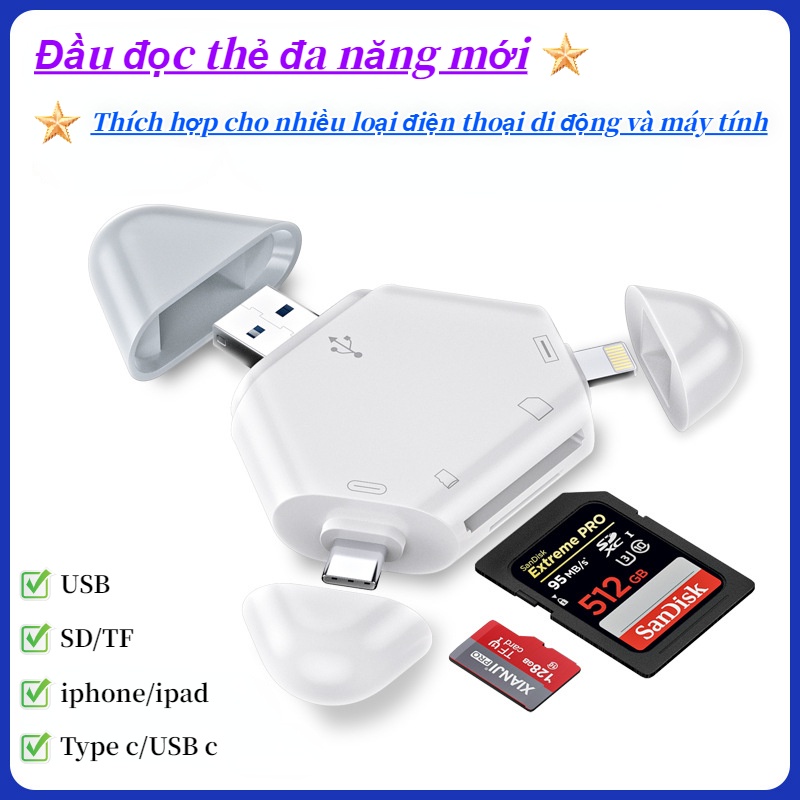 Đầu đọc thẻ Micro SD đa năng cho máy tính, điện thoại di động - có cổng Type C, USB, Lightning ...