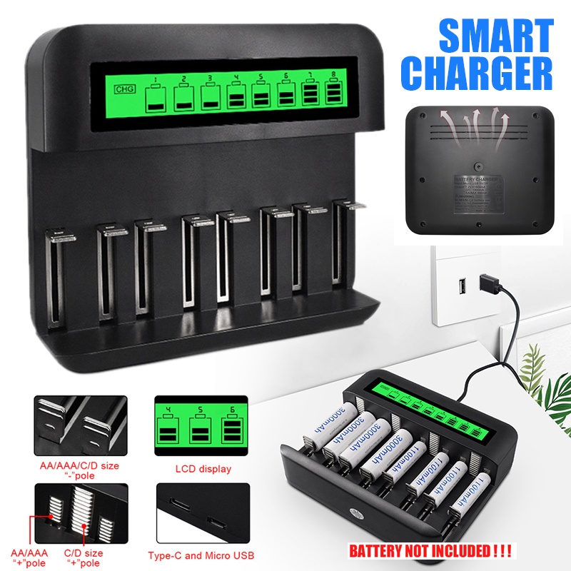 8 Slot LED Smart Battery Charger for AA/AAA C / D Rechargeable ...