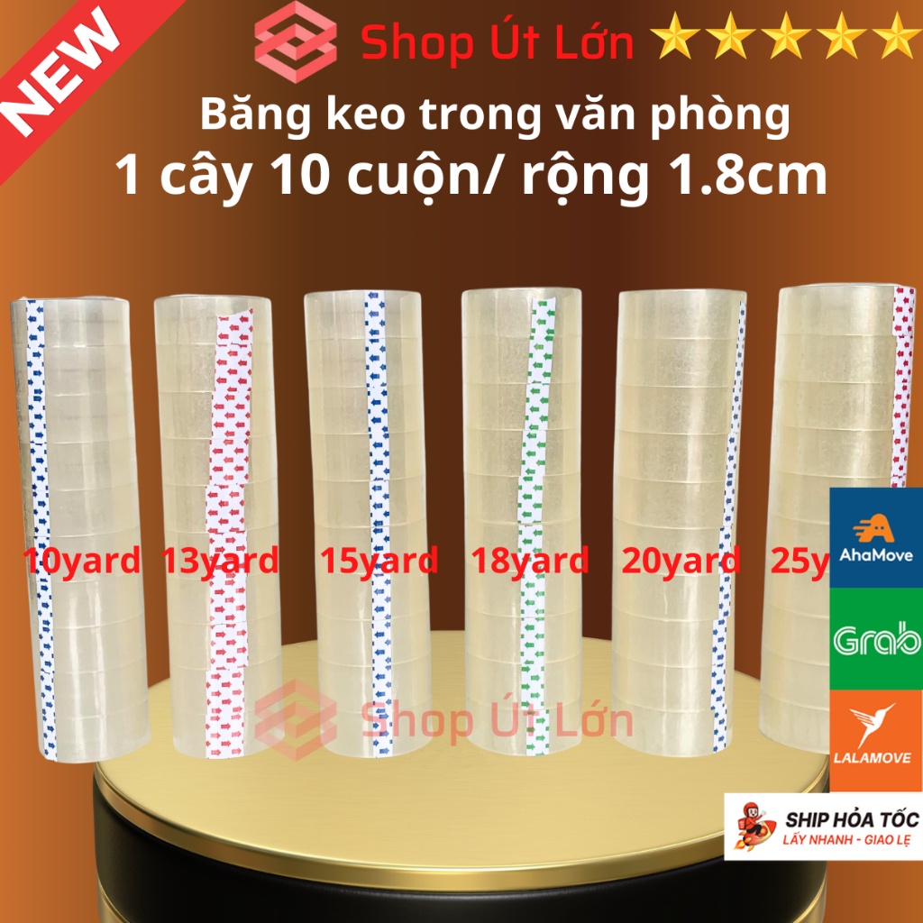 Băng keo trong văn phòng loại nhỏ, 1 cây 10 cuộn rộng 1.8cm, 10yard-13yard-15yard-18yard-20yard ...