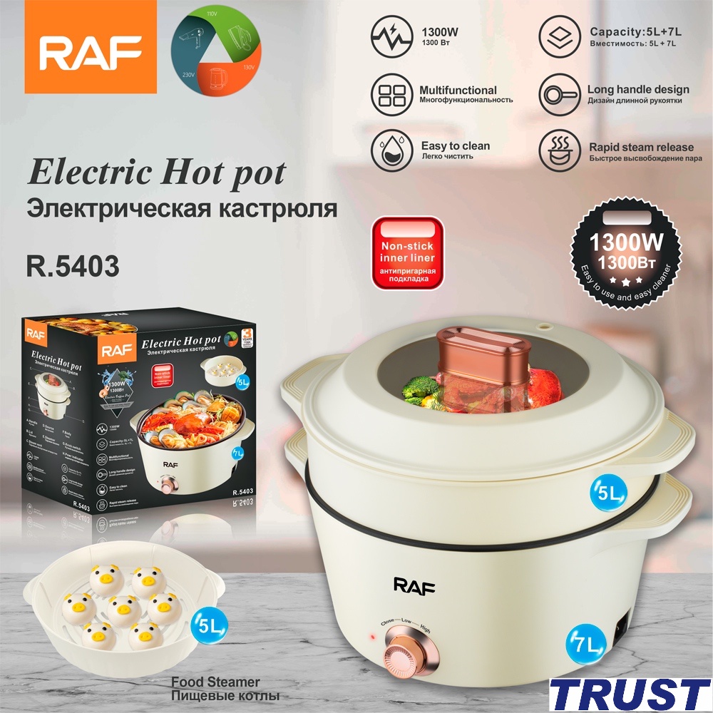 Nồi lẩu điện đa năng chống dính 7L có vỉ hấp, Nồi điện xào,hấp,chiên,rán 2 tầng RAF R.5403, tiêu ...