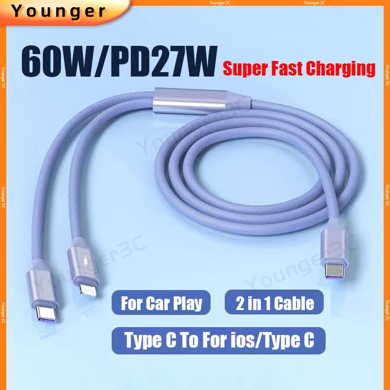 Cáp Sạc Nhanh 2 Trong 1 1.5m 60w 27w pd type c Sang ios type c Cho carplay | Shopee Việt Nam
