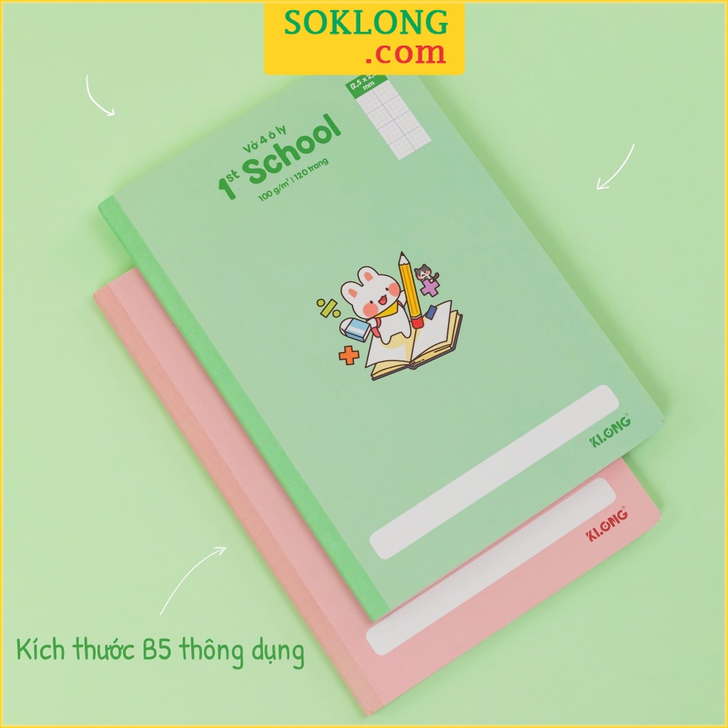 Tập 4 ô ly may dán gáy 100gsm Klong B5 120-200 trang ms 061 062, vở viết kẻ ô xanh lá chống nhòe ...