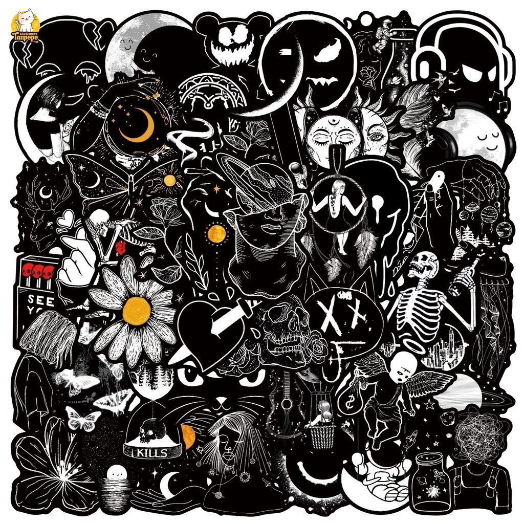 Set 50 cái sticker chống nước MÀU ĐEN TRẮNG AESTHETIC DARK CÁ TÍNH dán ...