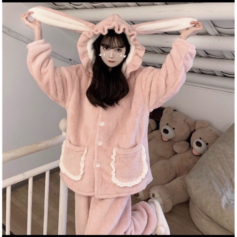 Bộ ngủ lông cừu tai thỏ khuy cài viền bèo hồng dễ thương , sét đồ bộ ...