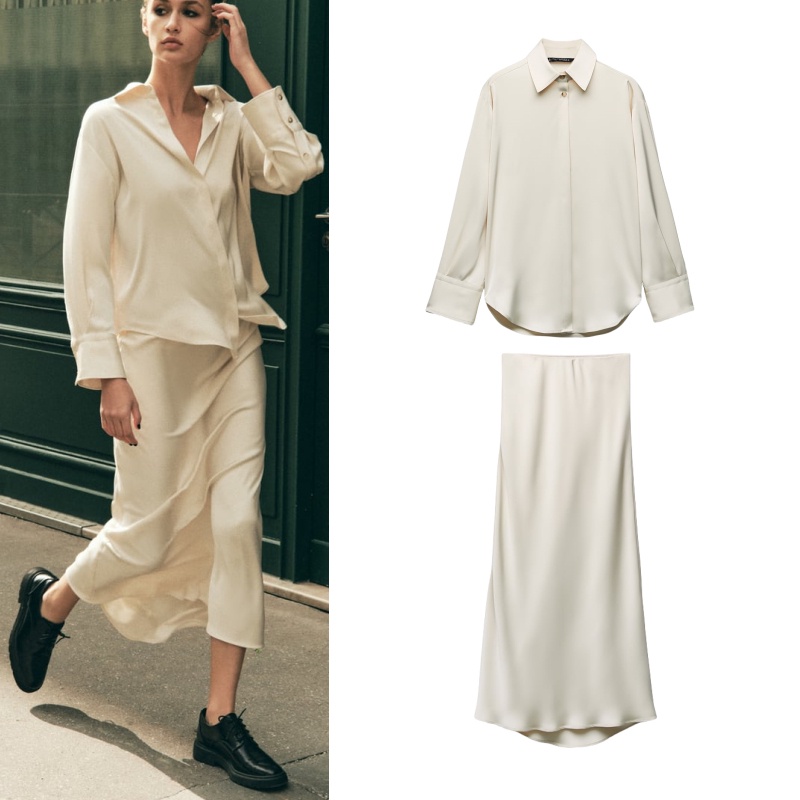 Zara Bộ Áo Sơ Mi Lụa satin + Chân Váy Xinh Xắn Theo Phong Cách Mùa ...