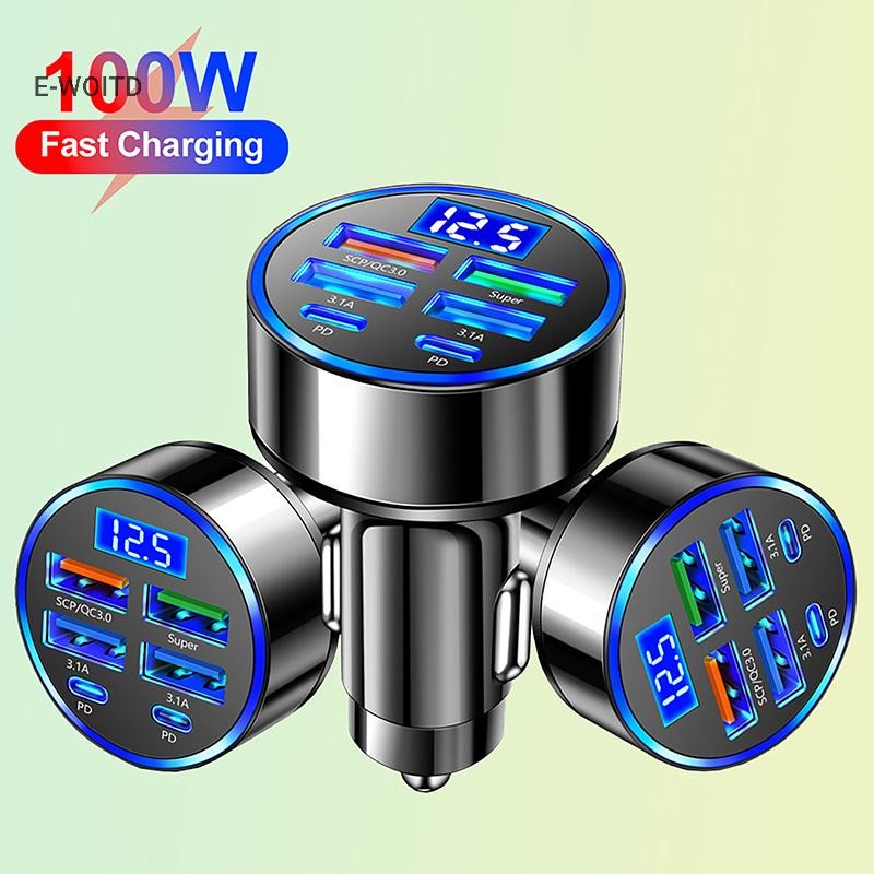 E-woitd 100W 6 cổng USB Type-C Bộ sạc ô tô có màn hình điện áp PD Bộ chuyển đổi nguồn sạc nhanh ...