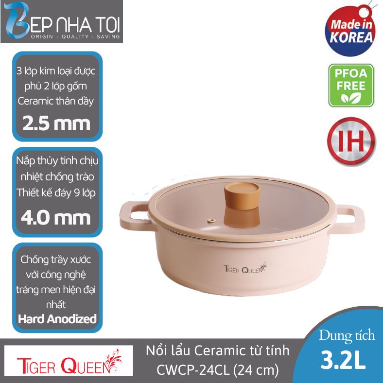 Nồi lẩu Ceramic từ tính Tiger Queen CWCP-24CL (24 cm) - Màu hồng hoa anh đào [24cm - 3.2L ...